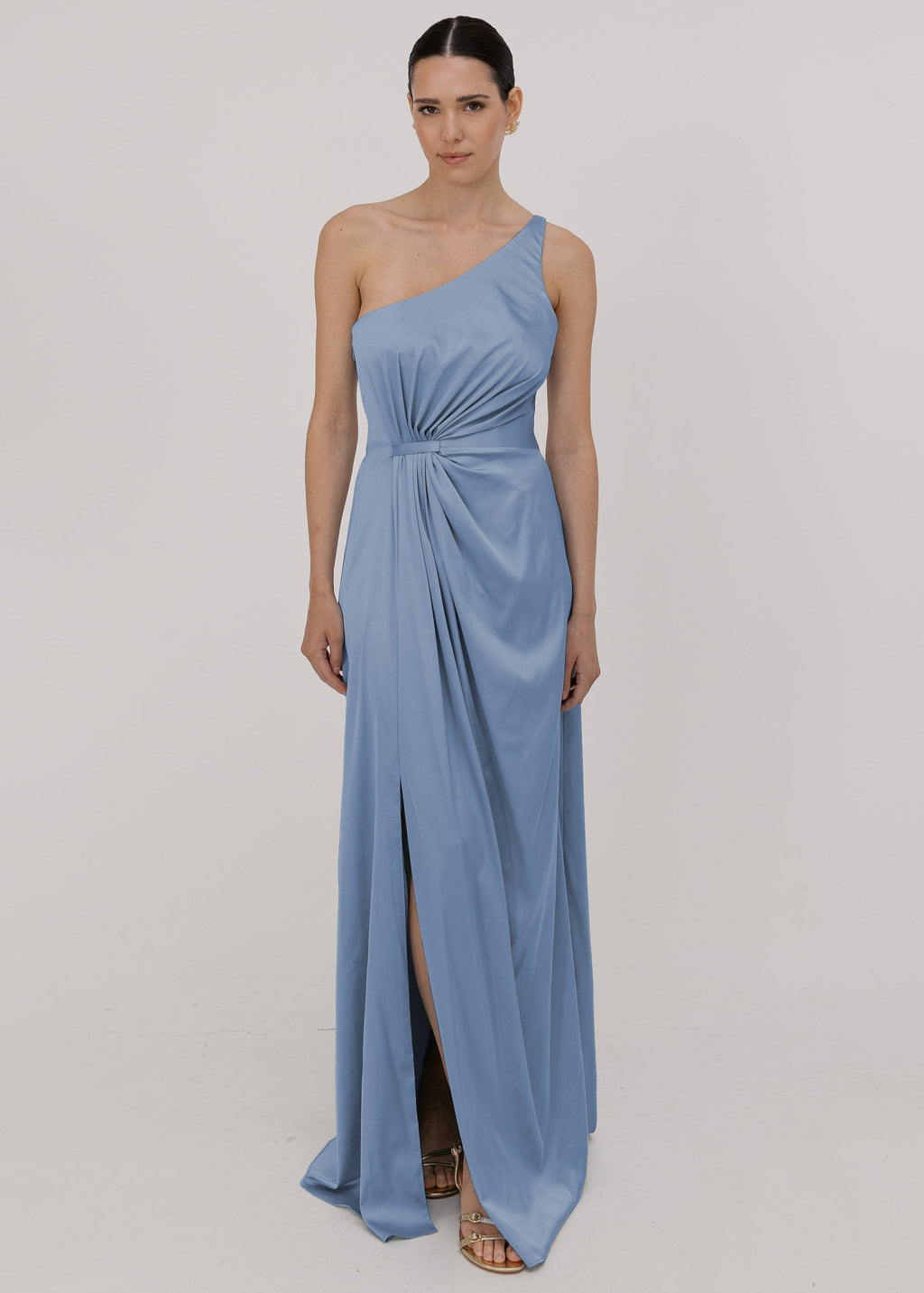 TH&TH Greta One Shoulder Bridesmaid Dress In Dusty Blue Satin – TH and TH